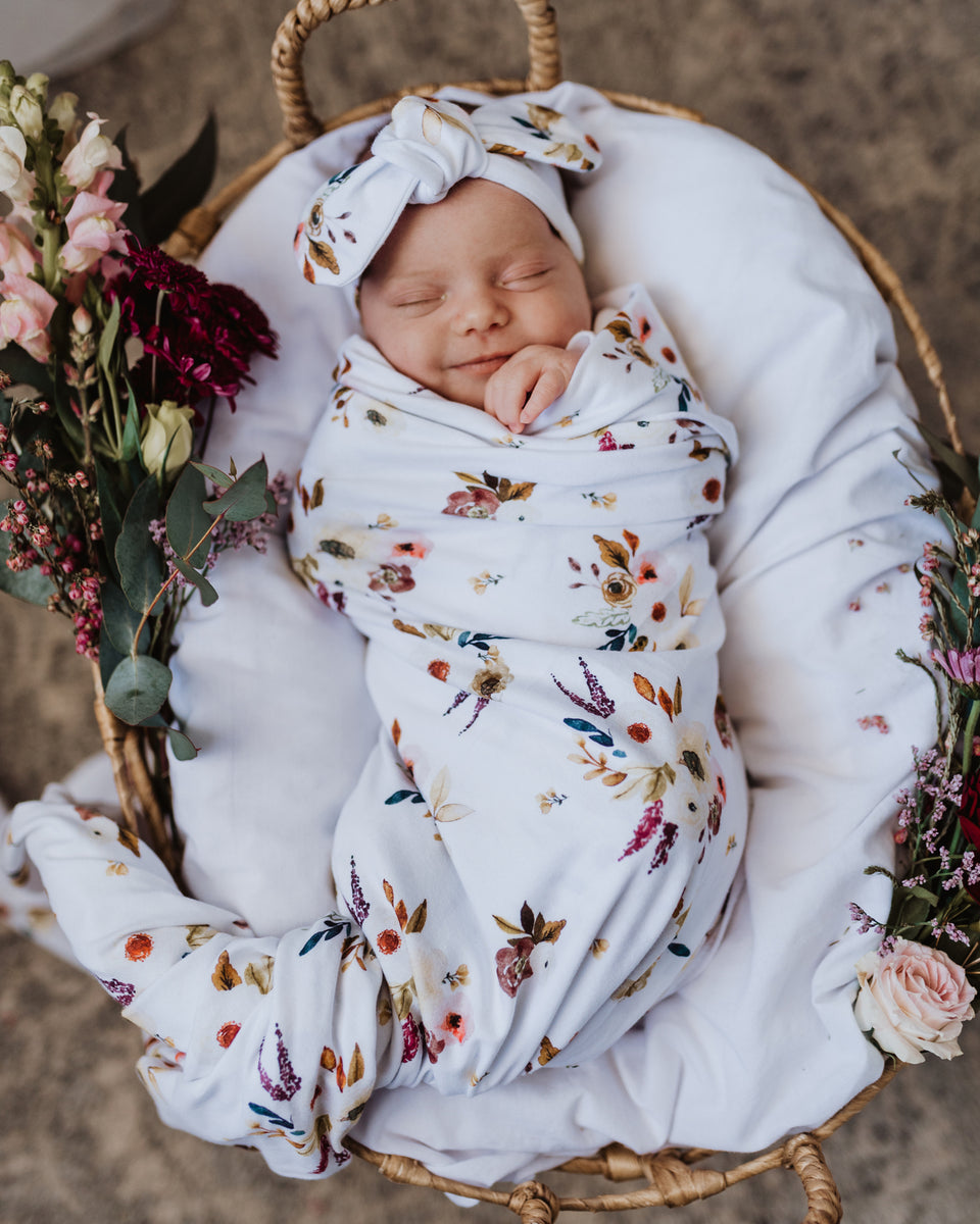 Boho Posy | Baby Jersey Wrap & Topknot Set - Snuggle Hunny Kids | Green ...
